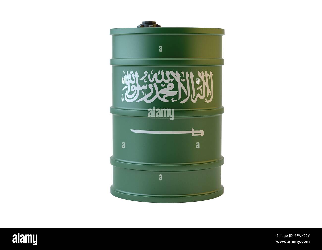 Oil barrel in Saudi Arabia national flag design. Isolated on white. 3D ...