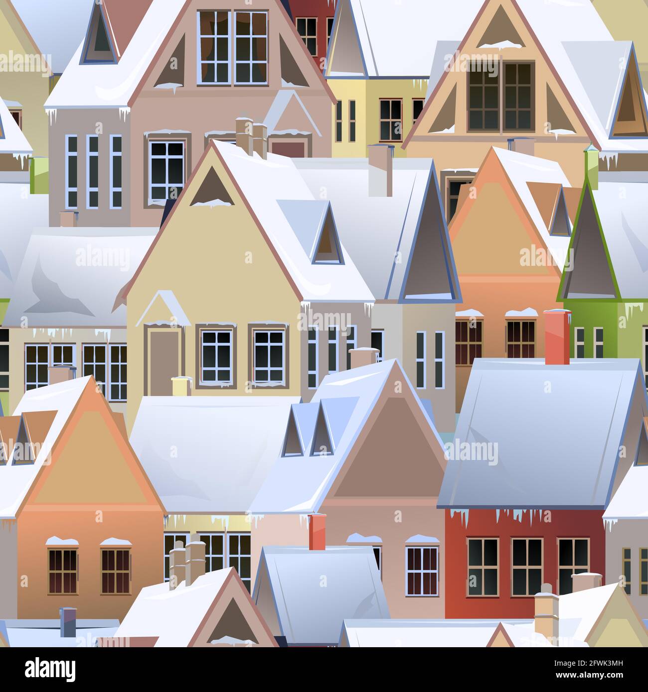 Rural houses. Seamless pattern. Winter season. Gable roofs are covered ...