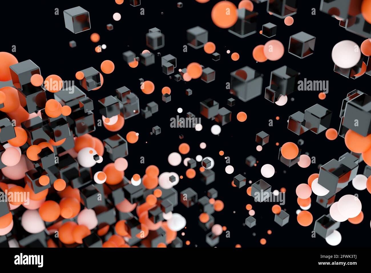 3d illustration of flying geometric shapes balls, cubes on a black ...