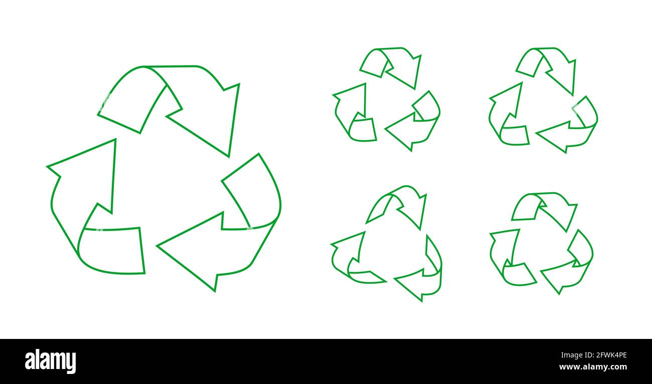 Green outline triangular recycling icons set. Rotate recycle arrows symbols. Eco rotation ...