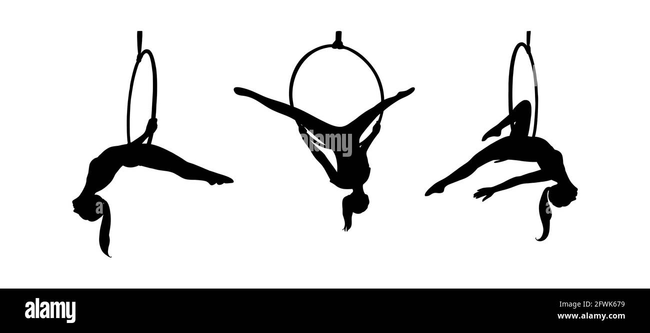 Strong acrobat in the hoop. Set of woman silhouettes in the aerial ring ...