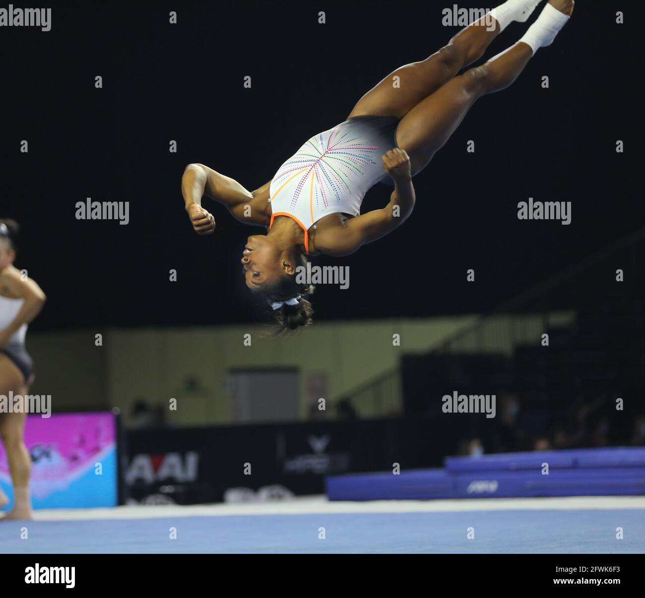 May 22, 2021: Simone Biles of WCC twists in the air during the warmup ...