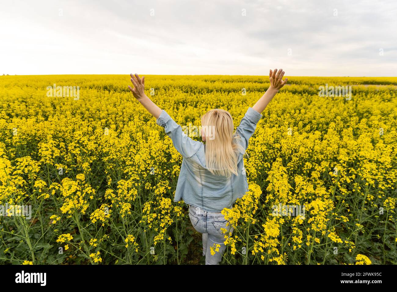 Woman with yellow flowers. Summer portrait of female in rapeseed field ...