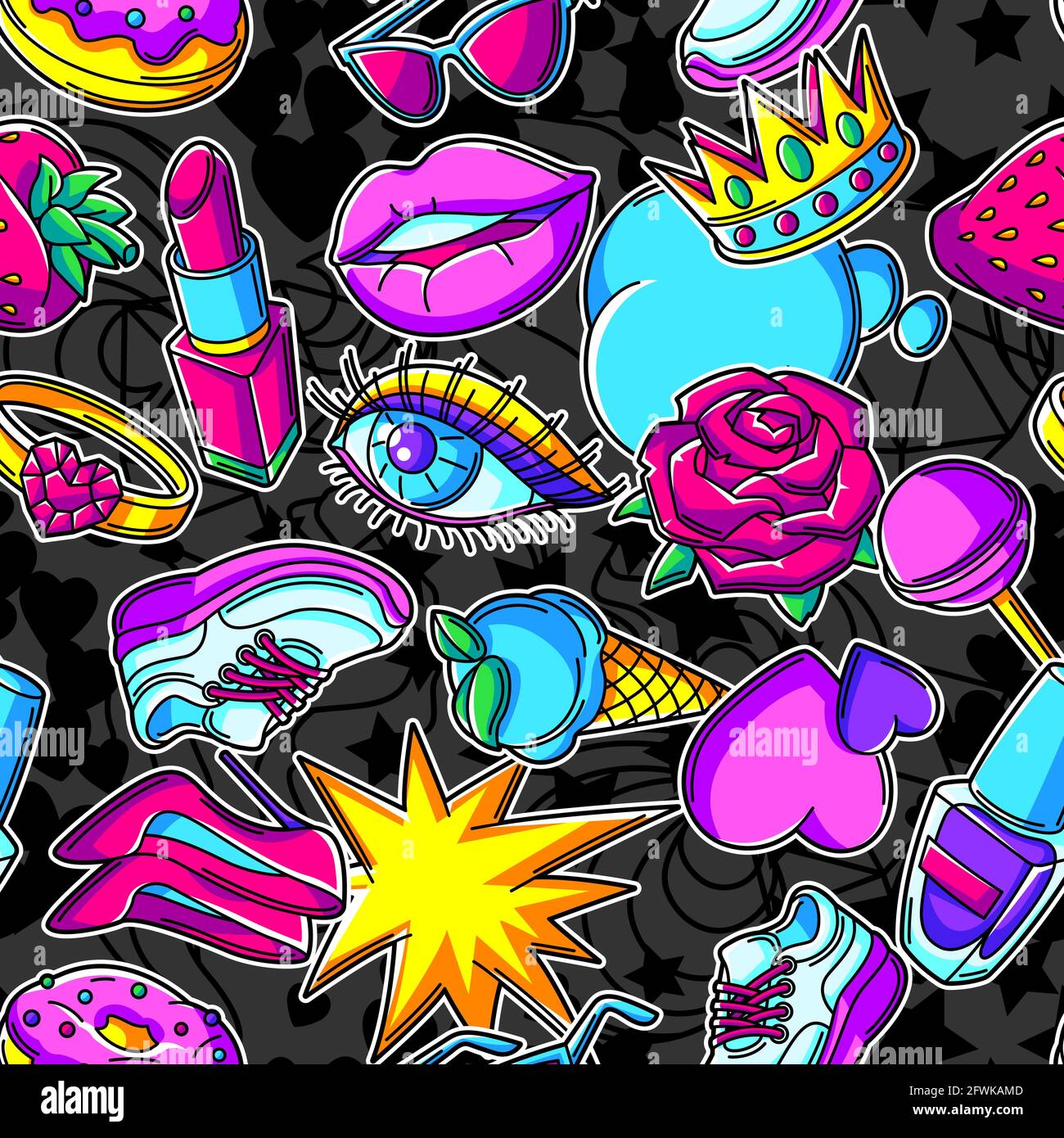 Seamless pattern with fashion girlish patches. Colorful cute teenage ...