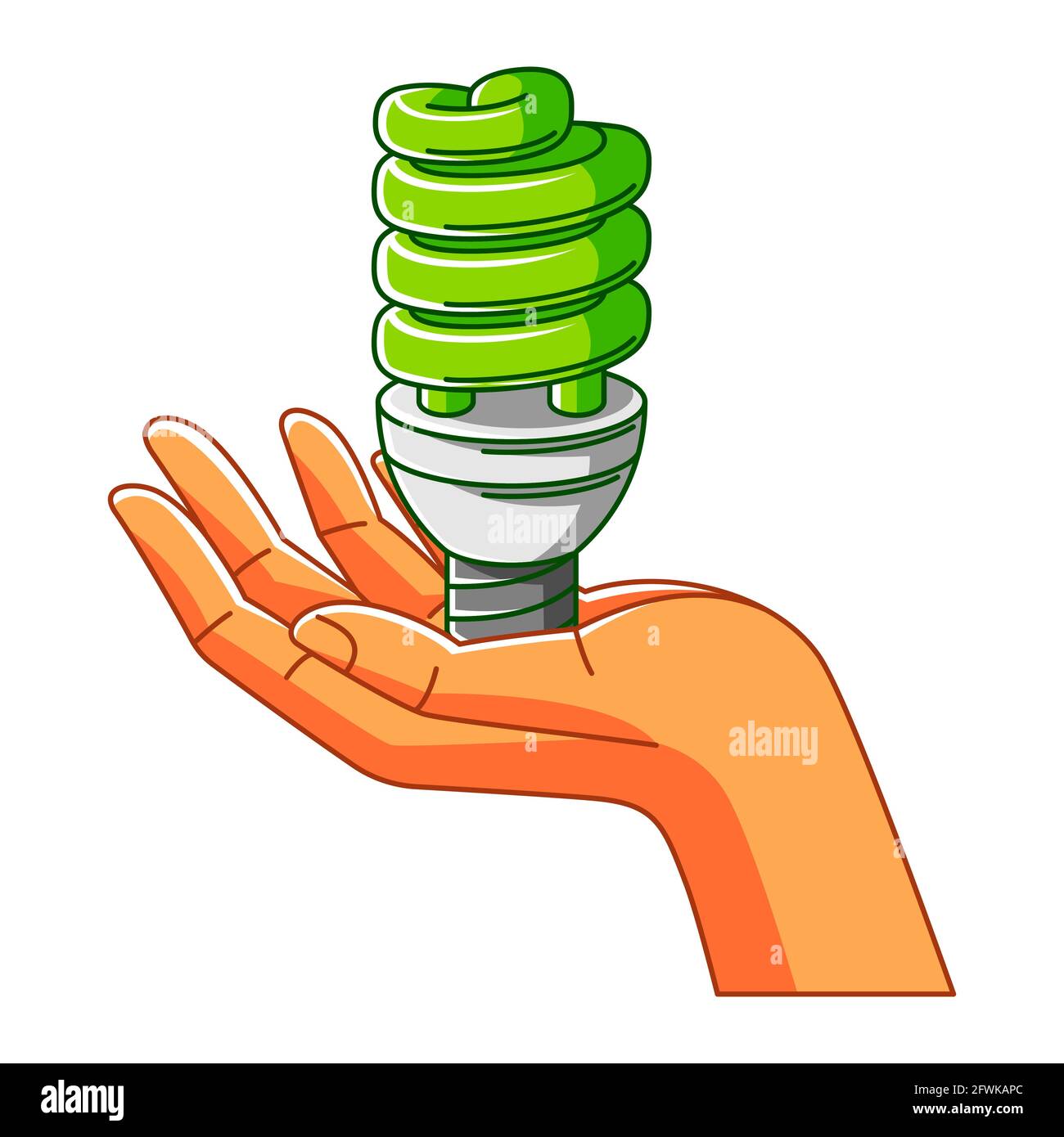 Illustration of hand holding energy saving light bulb. Ecology concept ...