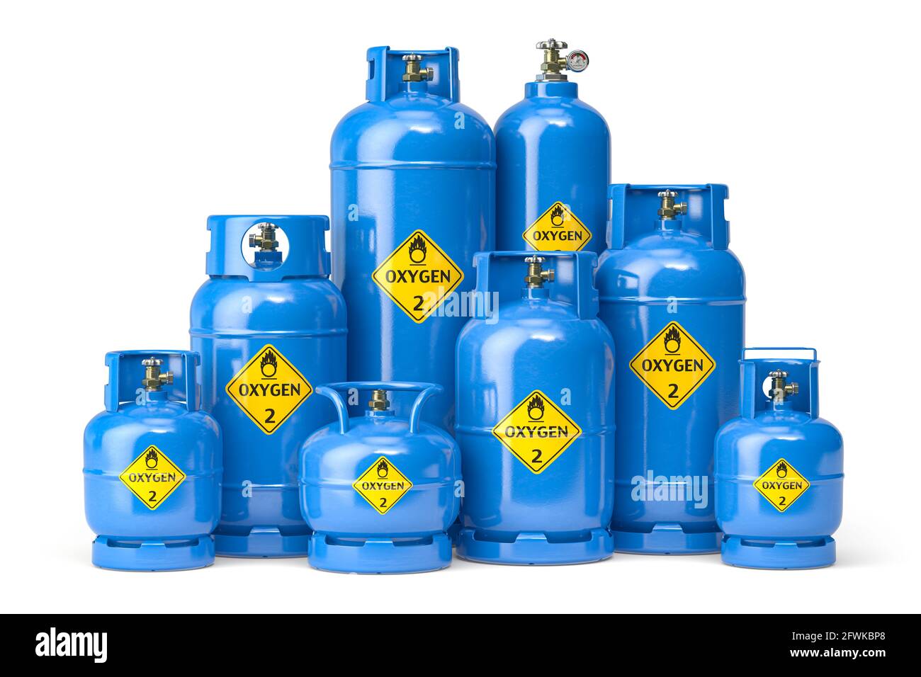 Oxygen gas tanks containers and cilinders of different size isolated on ...