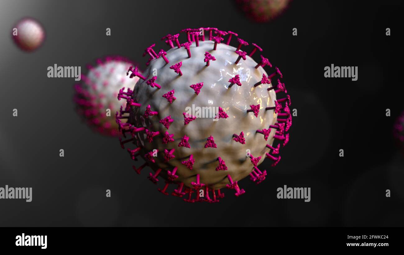 Bacteria with spikes floating in 3d render space. Dangerous respiratory ...