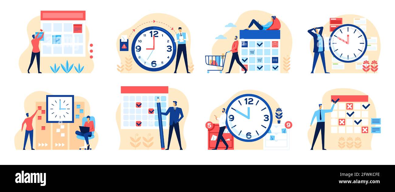 Effective time management. People with clock, calendar. Businessman ...