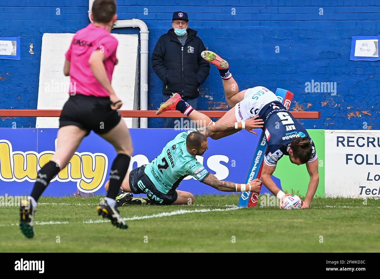 Liam Kay (5) of Wakefield Trinity goes over for a try in, on 5/23/2021 ...