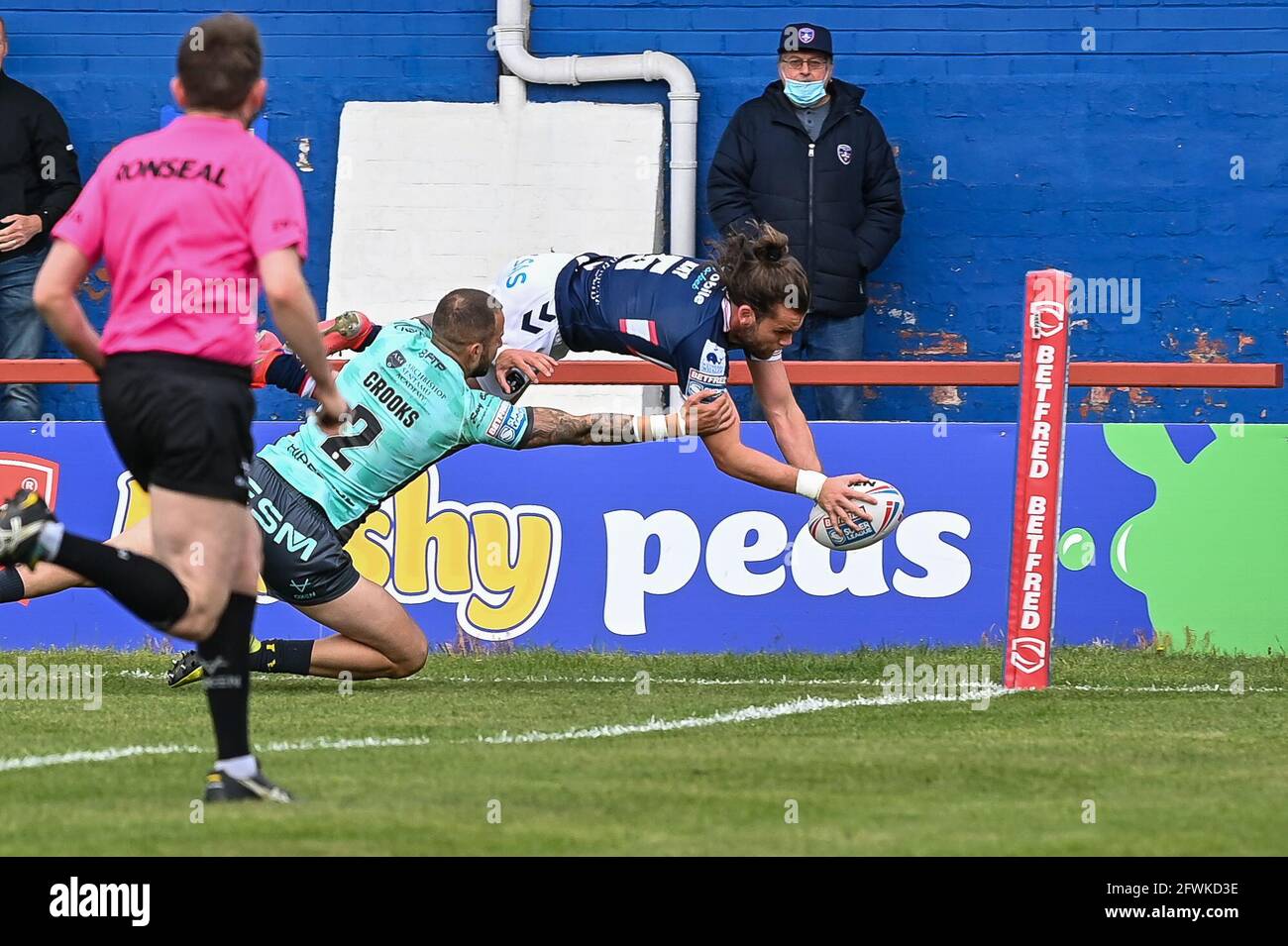 Liam Kay (5) of Wakefield Trinity goes over for a try in, on 5/23/2021 ...