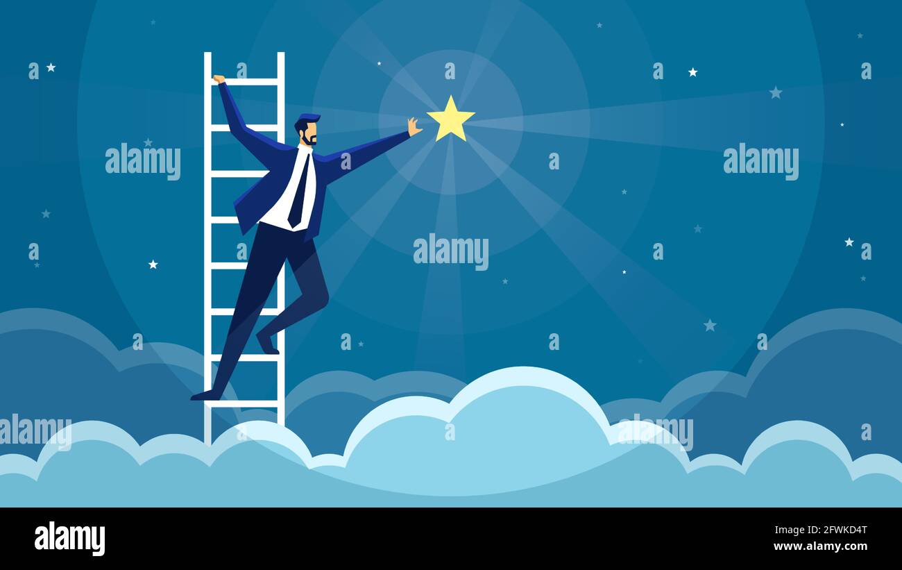 Businessman reaching star. Man climbing ladder and catching star ...