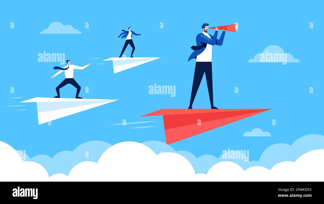 Business leadership. Businessmen flying on paper planes, going to ...