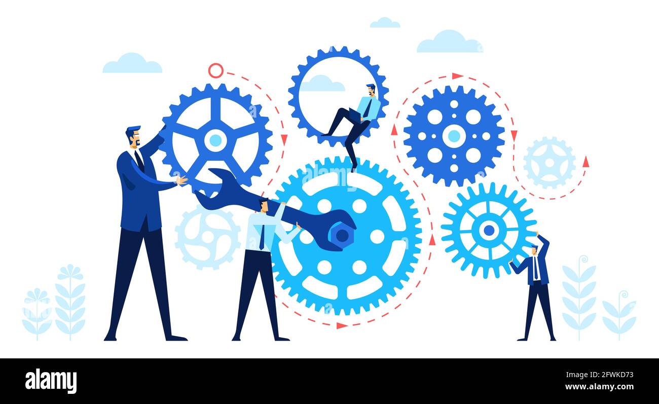 Business people with gears. Team working together turning gears ...
