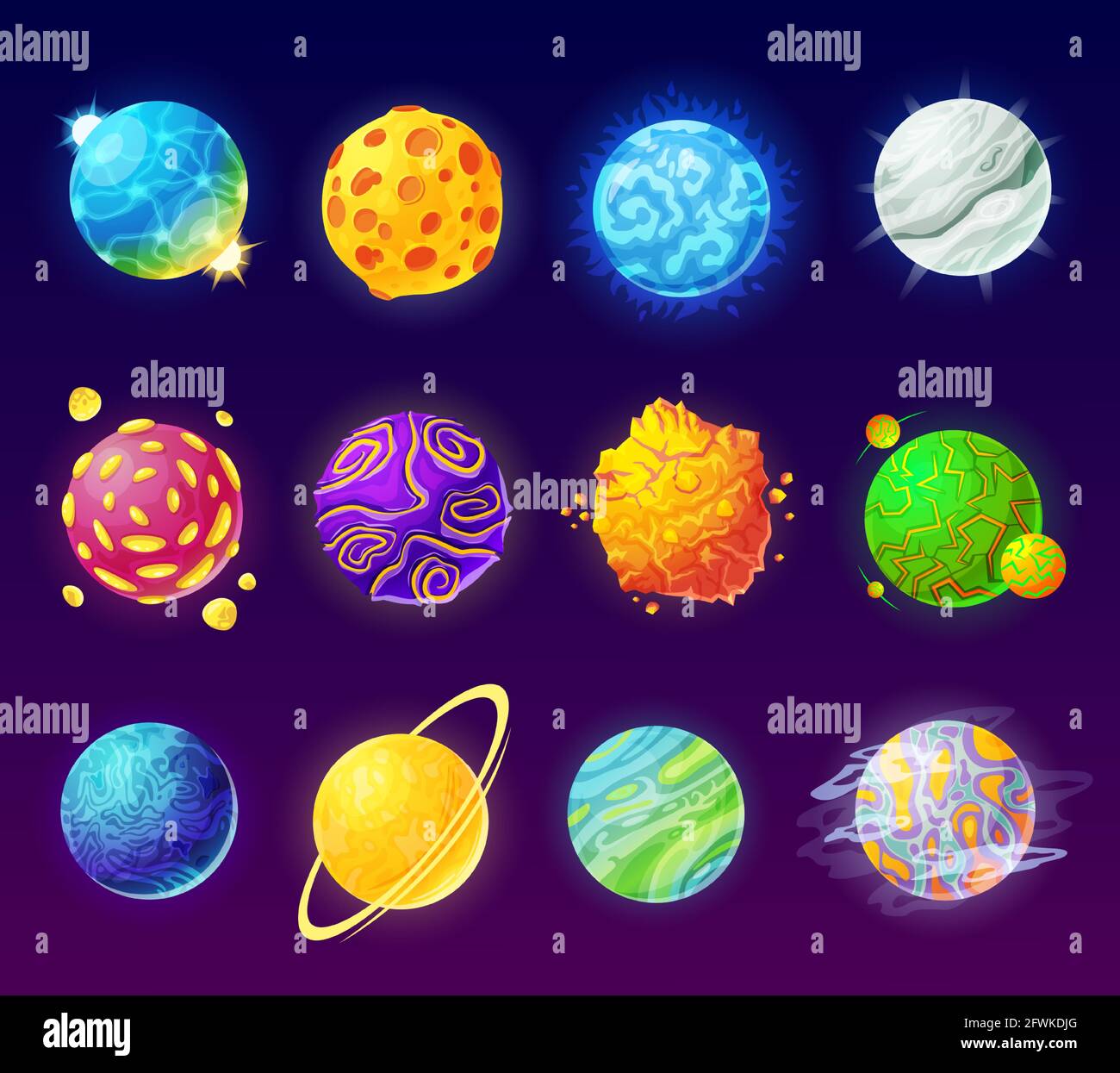 Fantasy planet. Cartoon fantastic alien planets, colorful magic worlds ...