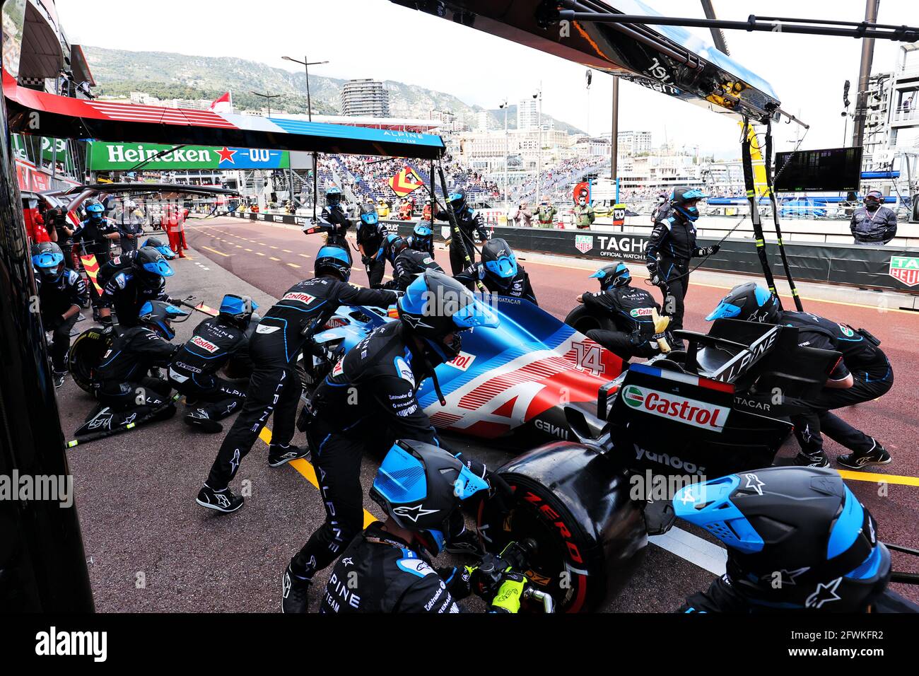 Fernando Alonso (ESP) Alpine F1 Team A521 makes a pit stop. 23.05.2021 ...