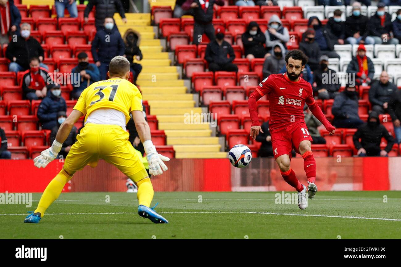 Liverpool's Mohamed Salah shoots at goal during the Premier League ...