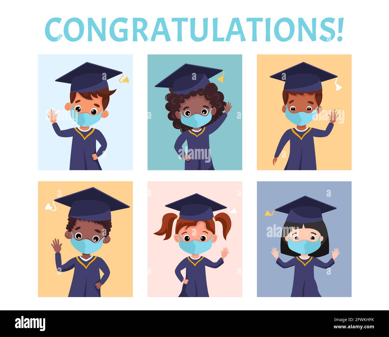 Happy graduated children wearing medical masks, academic gown and cap ...