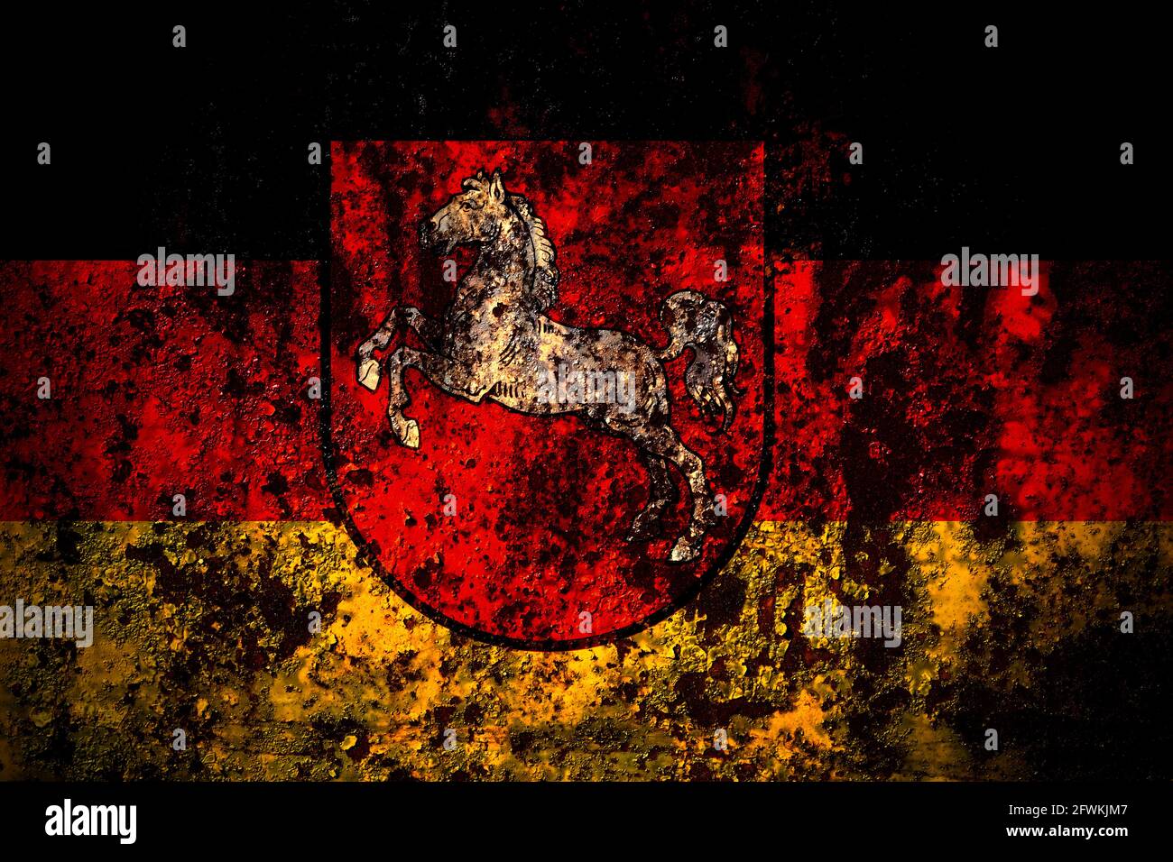 Germany, Lower Saxony, state flag on grunge metal background texture ...