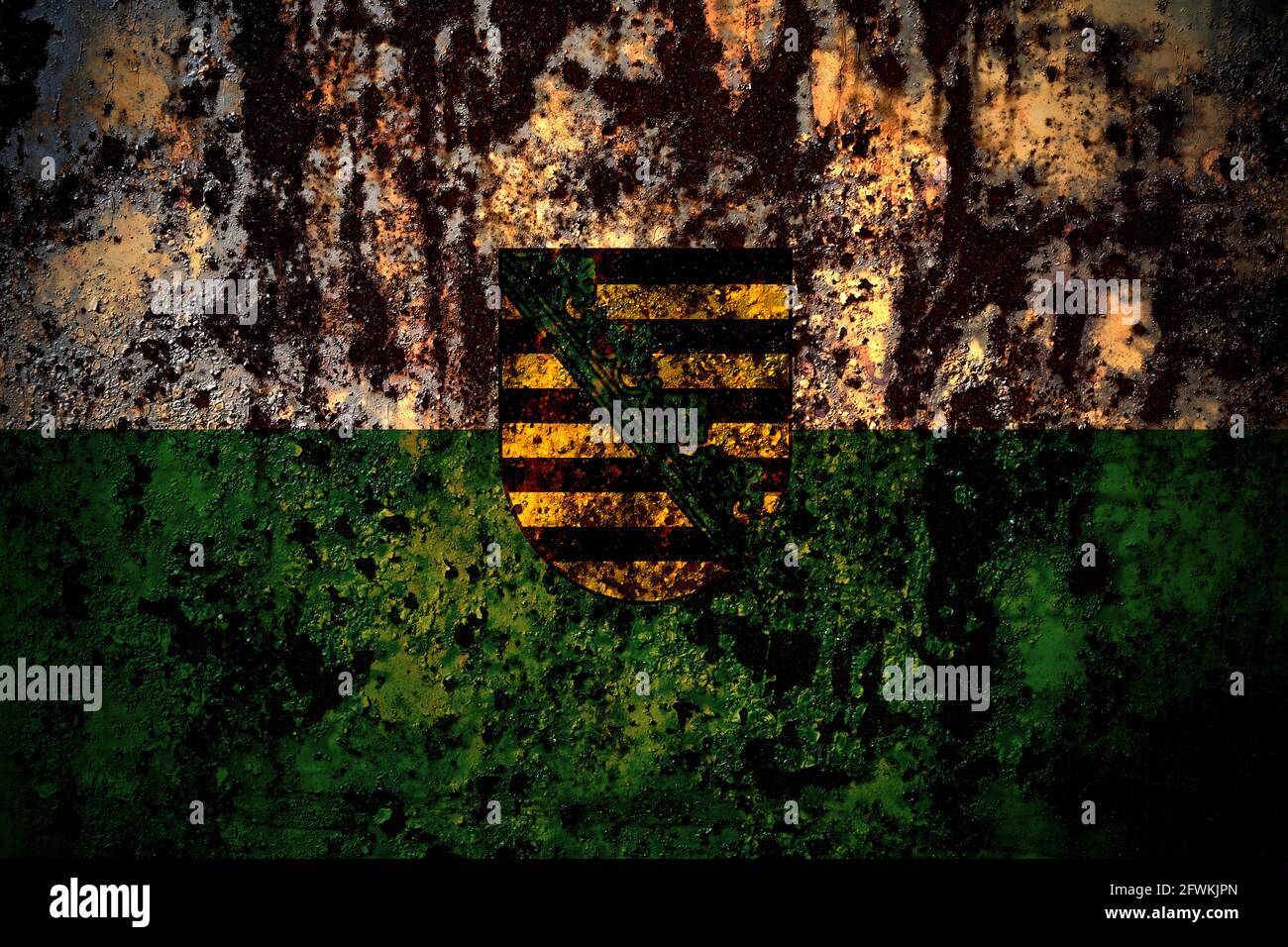 Germany, Saxony, state flag on grunge metal background texture with ...