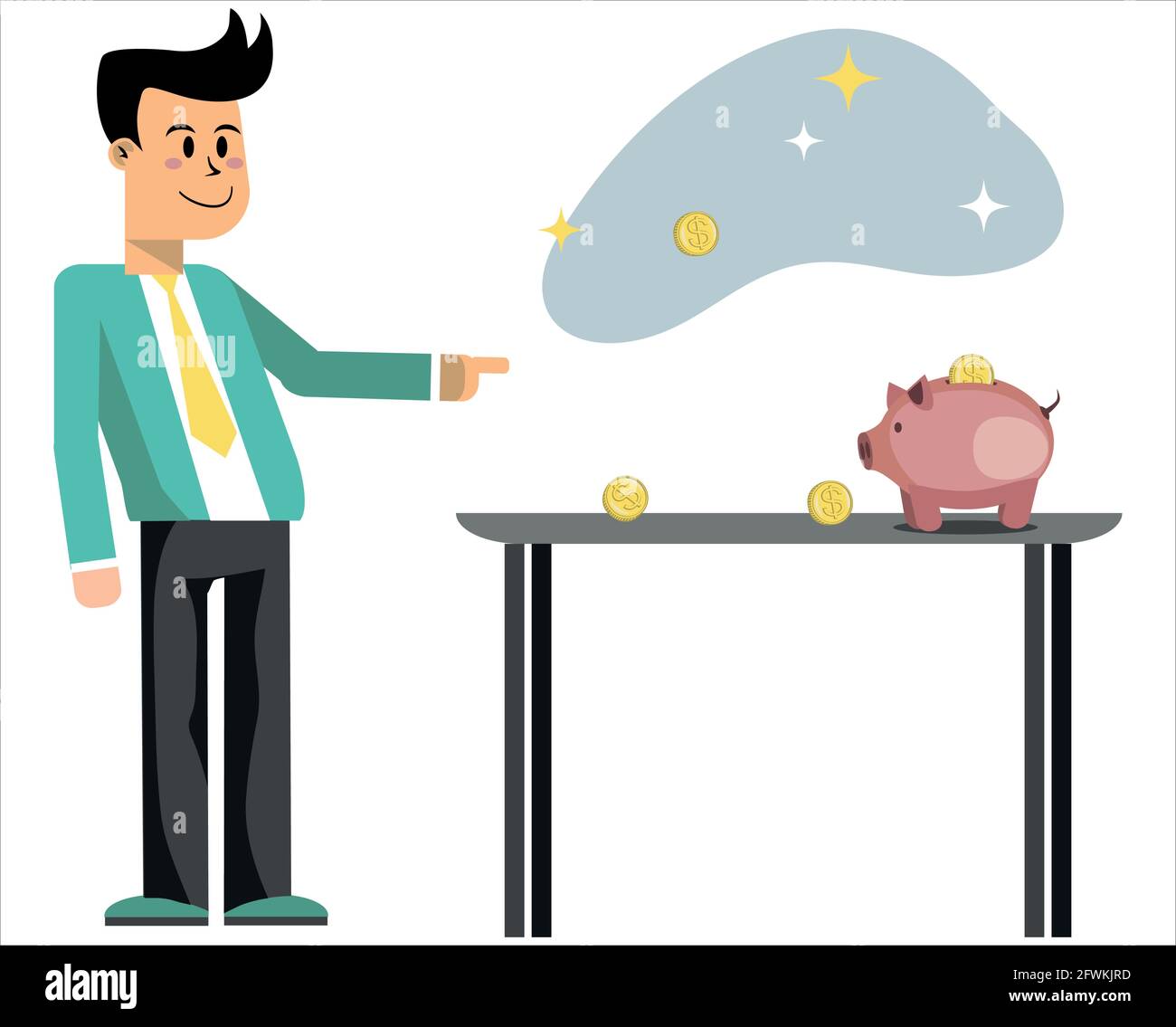 Money investing. Successful man saving golden coins in pink piggybank ...