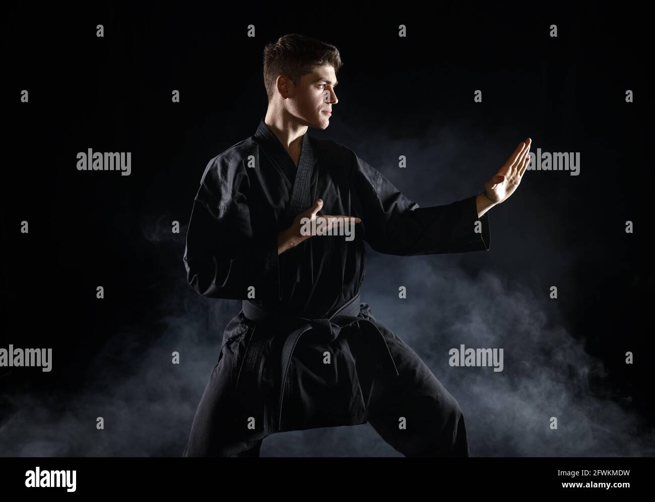 Male karate fighter in black kimono, combat stance Stock Photo - Alamy