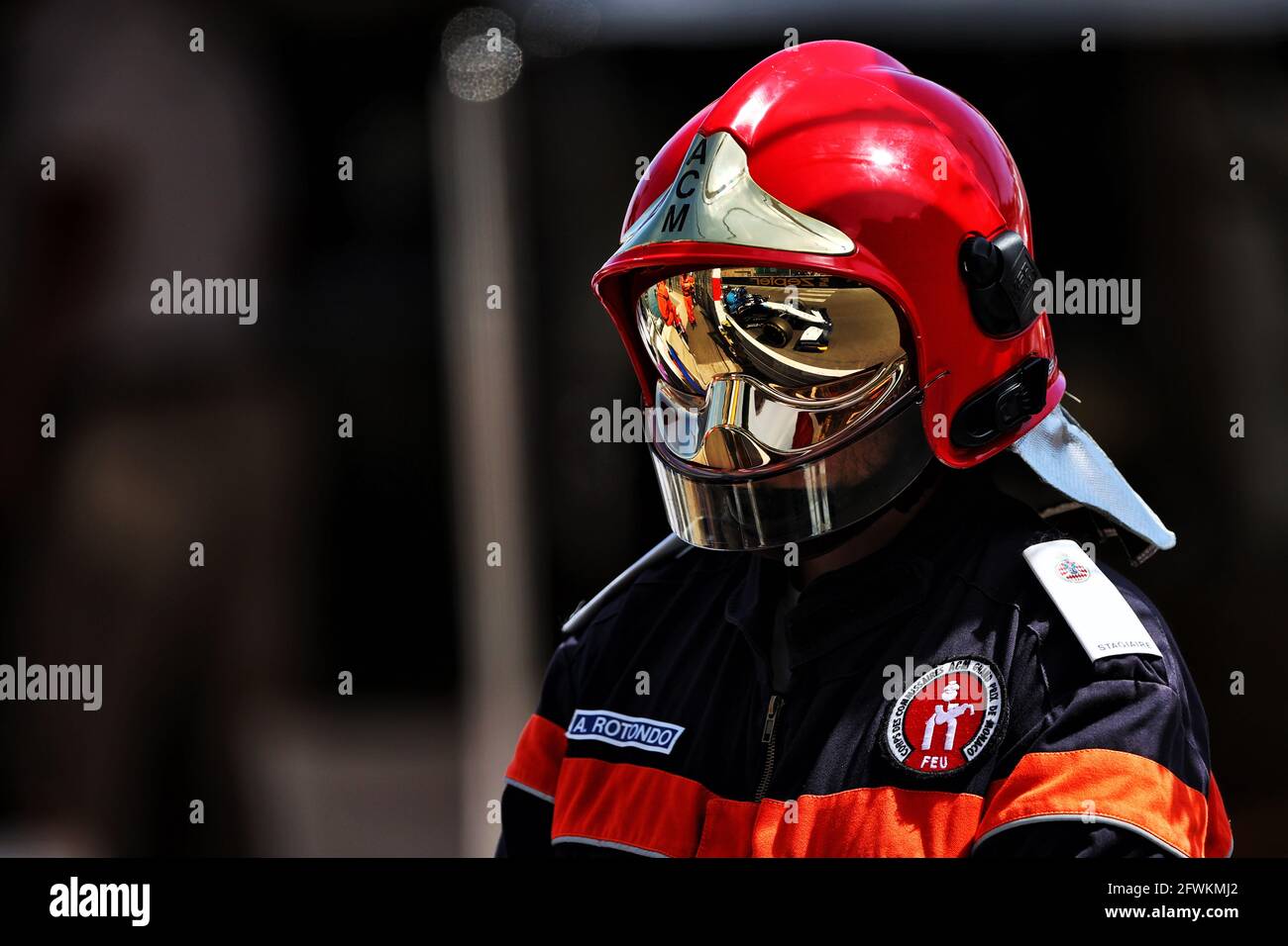 George Russell (GBR) Williams Racing FW43B reflected in a fire marshal ...