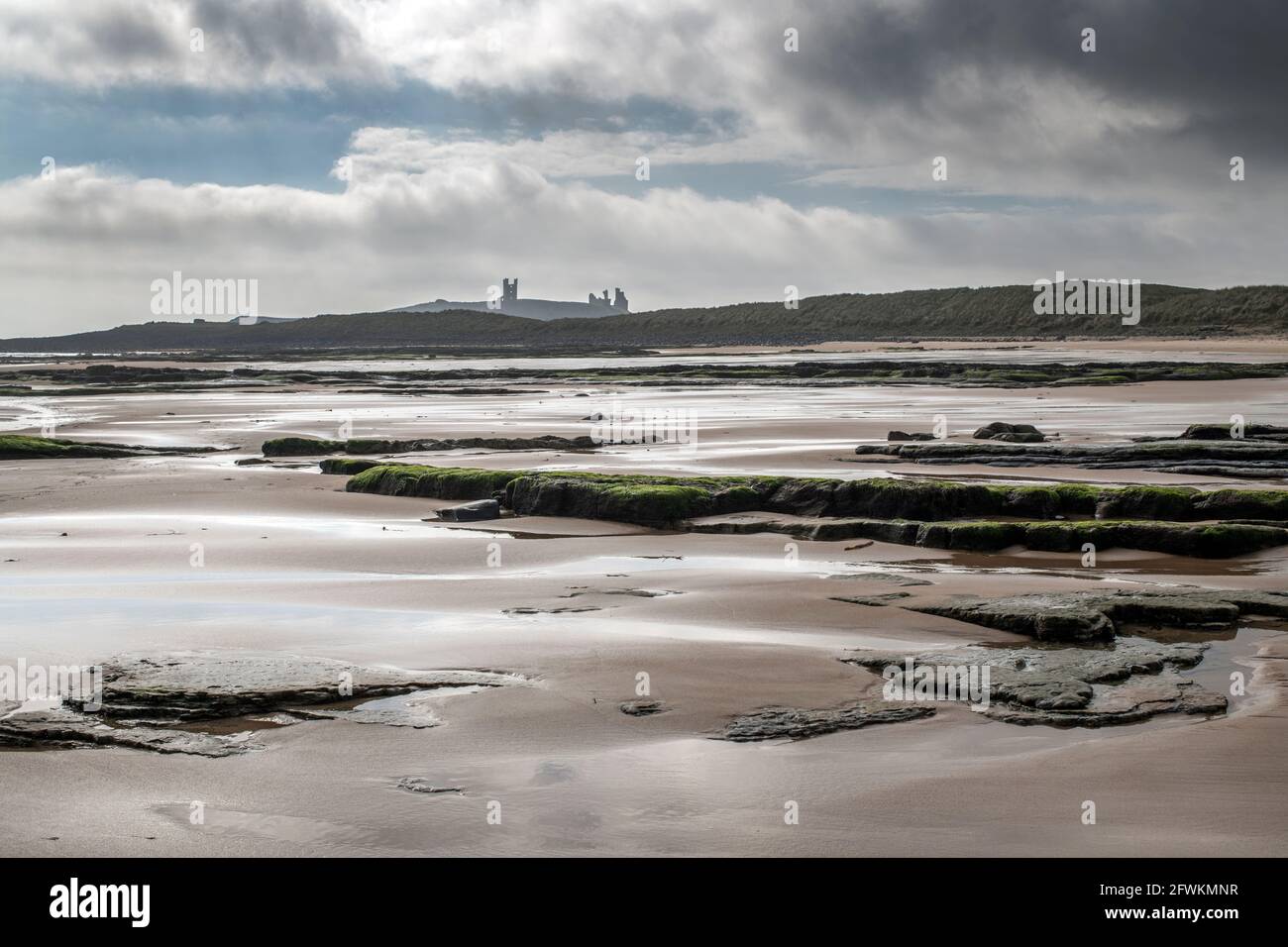 Dunstanburgh castle from Embleton beach on a storm gathering day in the ...