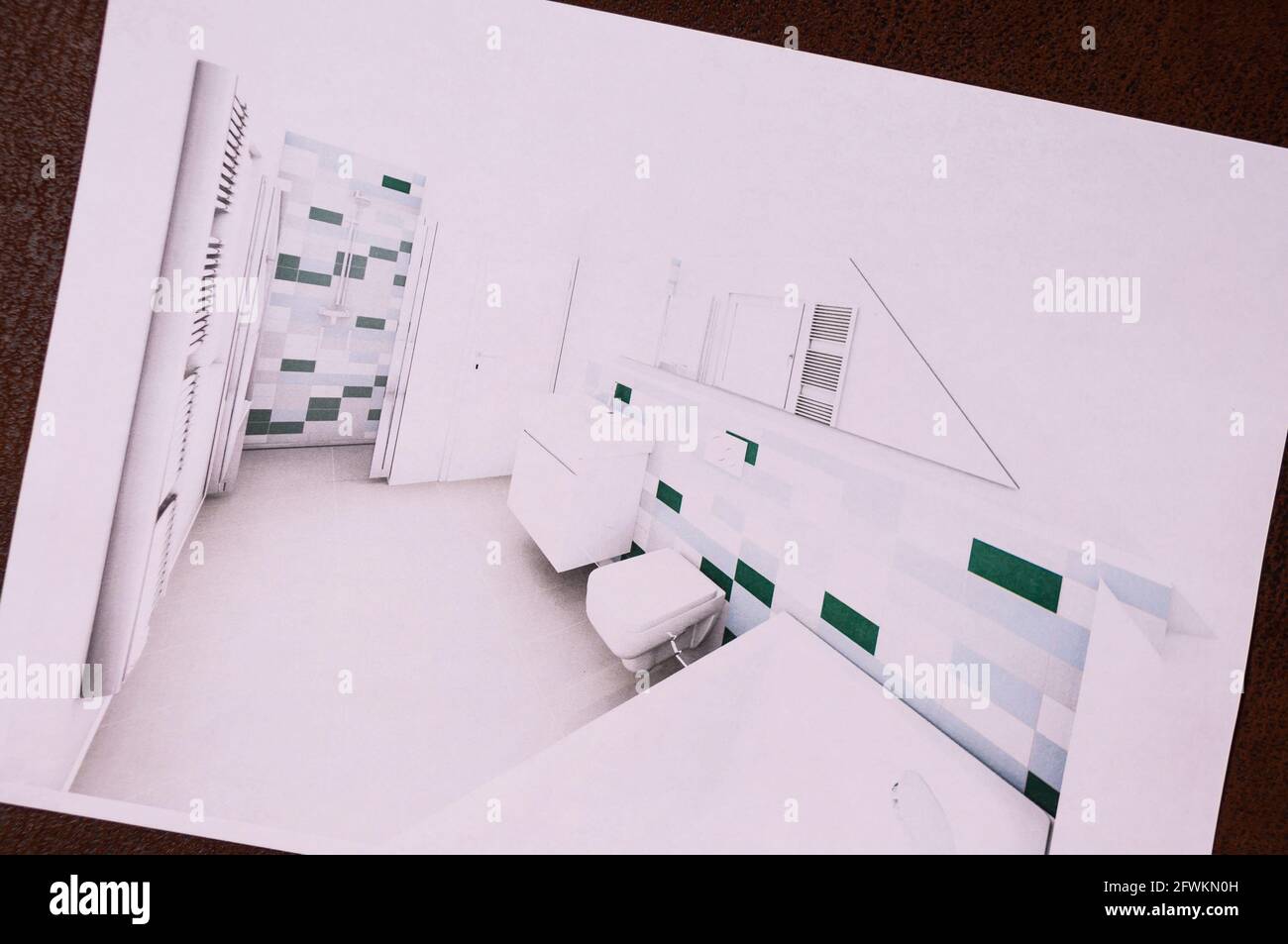 Planning a bathroom with decorative colored tiles. Perspective view ...