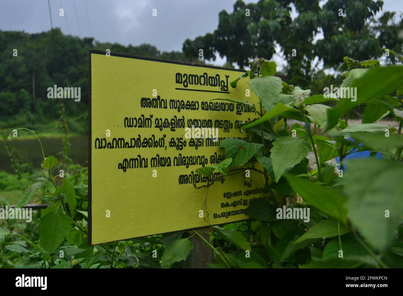 warning board covered with bush Stock Photo - Alamy