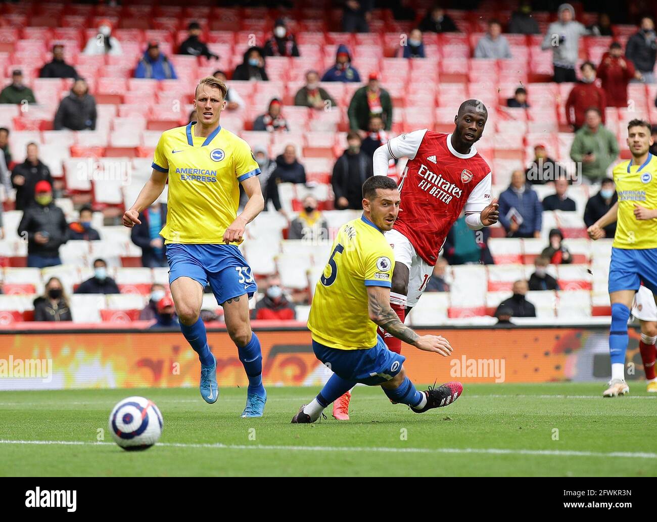 London, England, 23rd May 2021. Nicolas Pepe of Arsenal scoring his ...