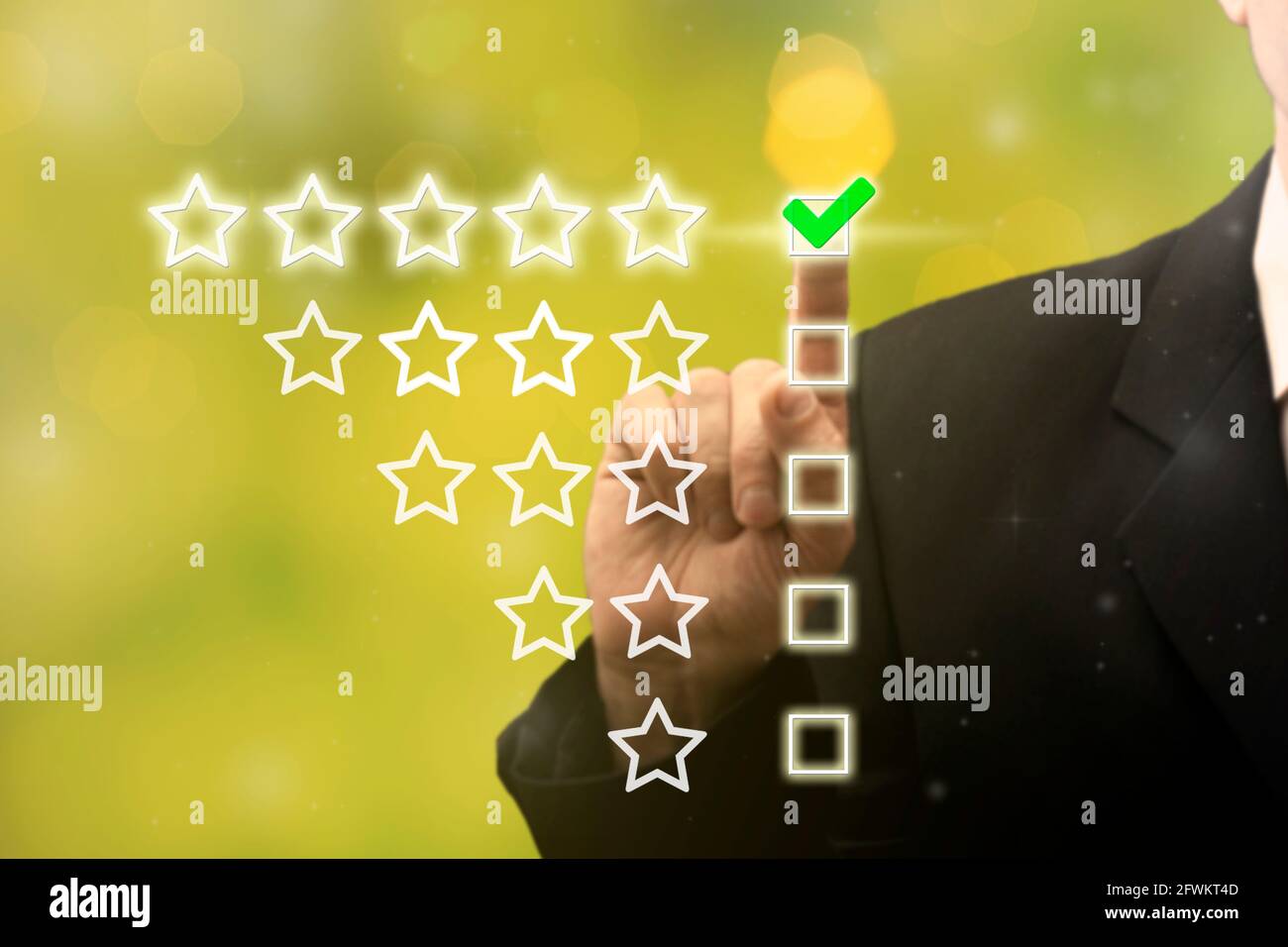 Businessman hand showing on five star excellent rating, leave feedback ...