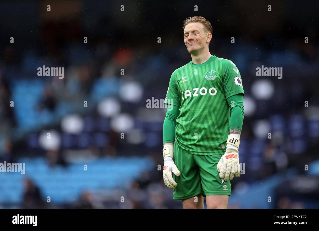 Everton goalkeeper Jordan Pickford reacts during the Premier League ...