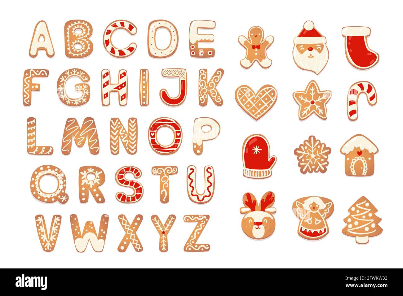 Christmas gingerbread cookies alphabet with figures. Biscuit letters ...
