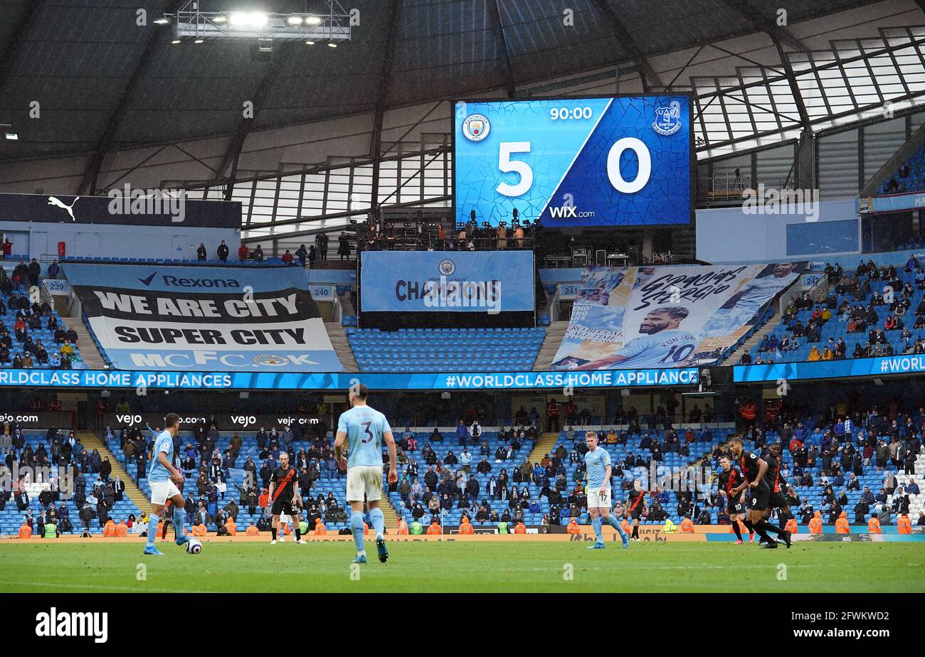 A general view as the big screen displays the 5-0 scoreline during the ...