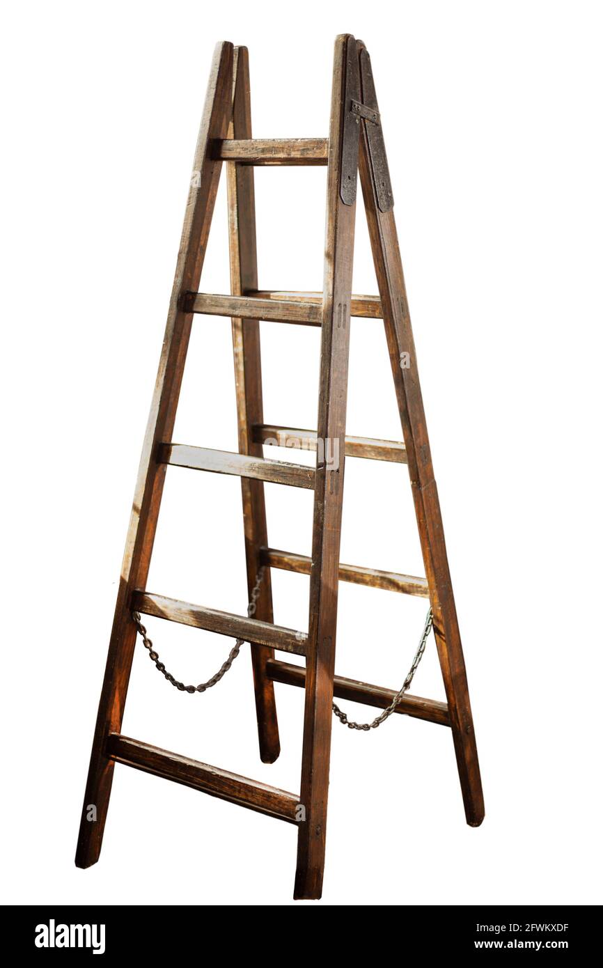 Wooden ladder isolated on white background. Double ladder with a chain ...