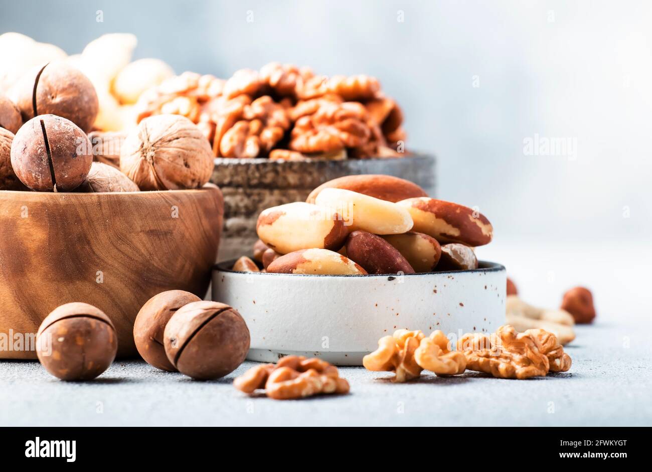 Assortment of nuts. Cashews, hazelnuts, walnuts, almonds etc. Healthy ...