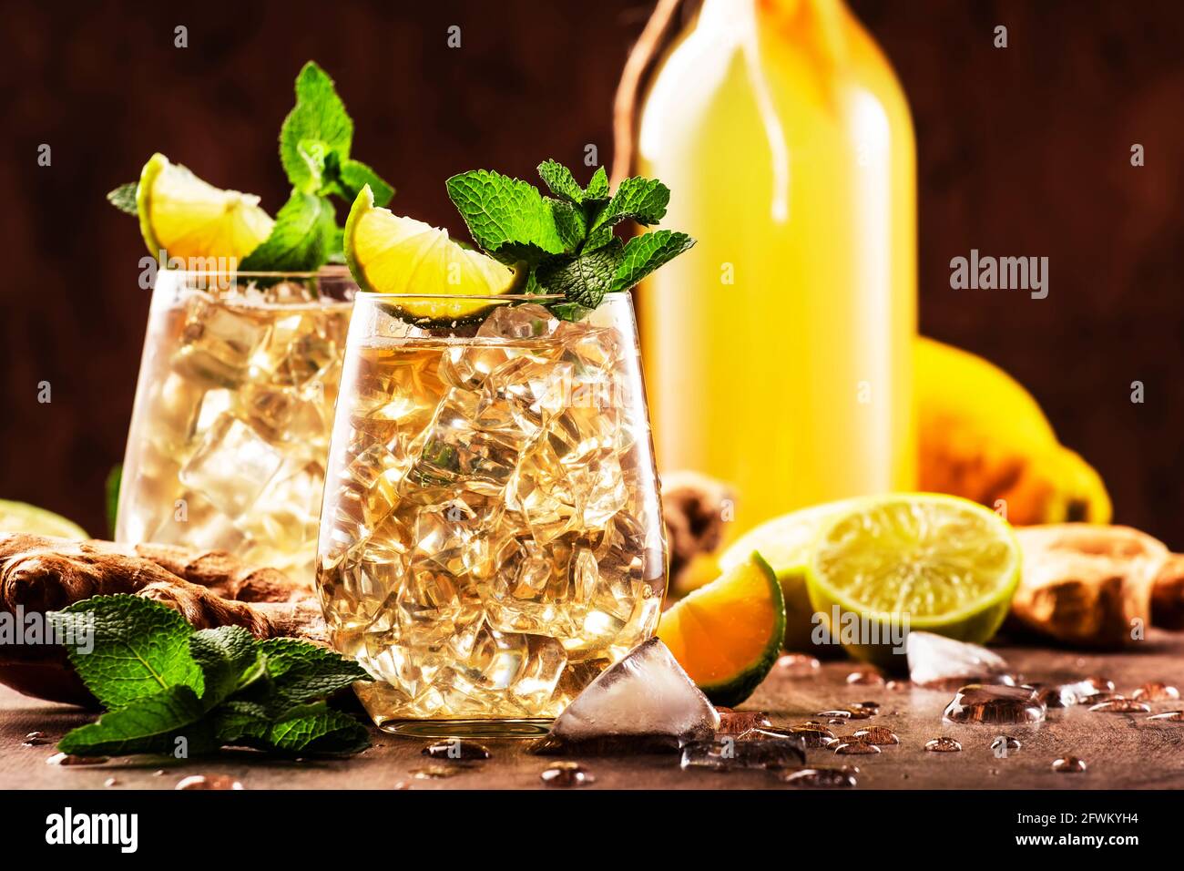 Ginger Ale Alcoholic Cocktail with Beer, Lime, Lemon and Mint Leaves in ...