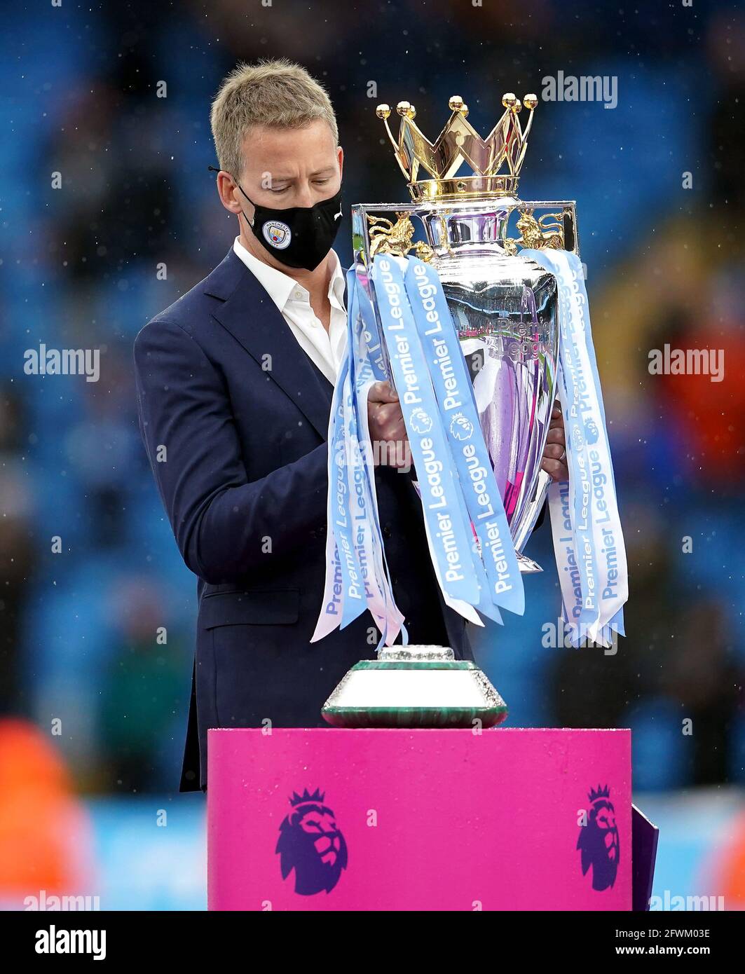 The Premier League Trophy being brought out after the final whistle in ...