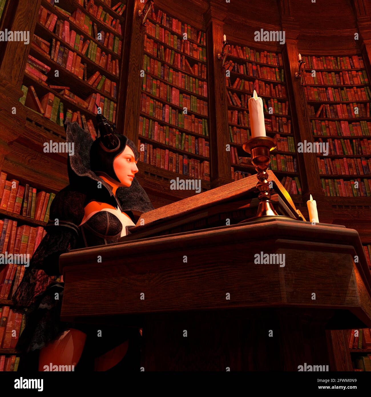 Illustration of a witch reading magic book with candlelight in a ...