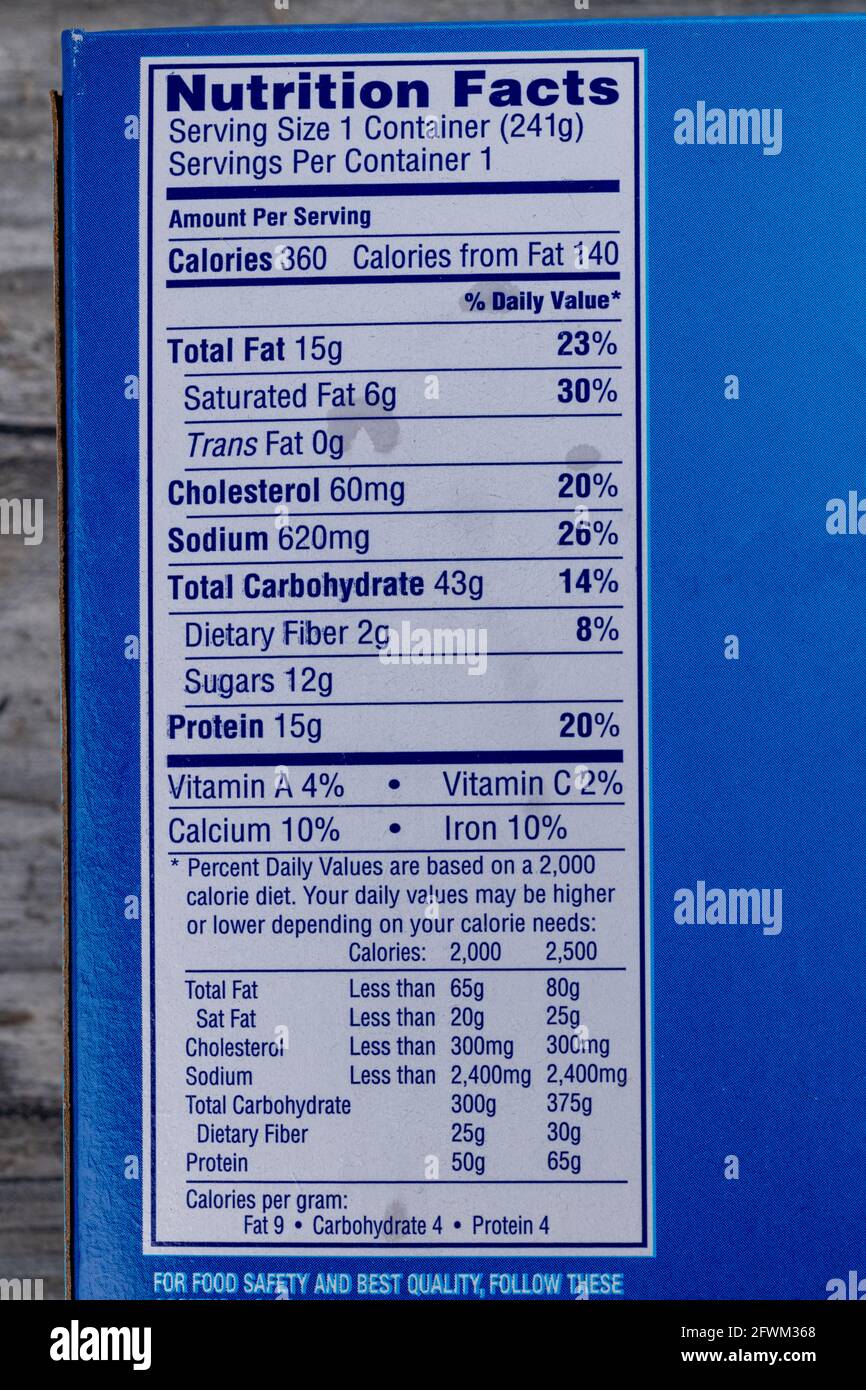 Blue box with calories vitamins and other facts Stock Photo - Alamy