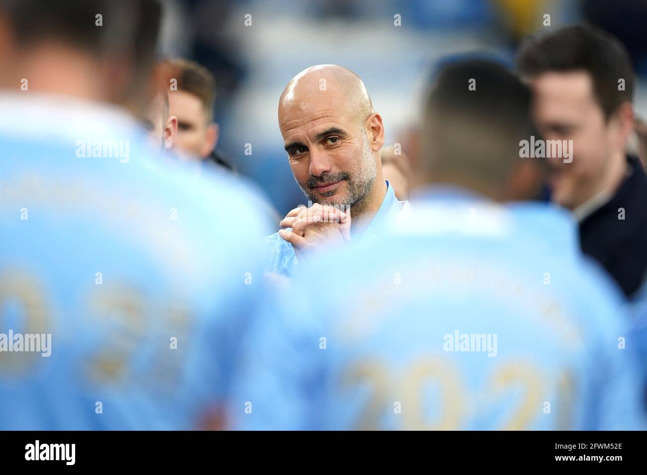 Manchester City manager Pep Guardiola smiles after winning the Premier ...