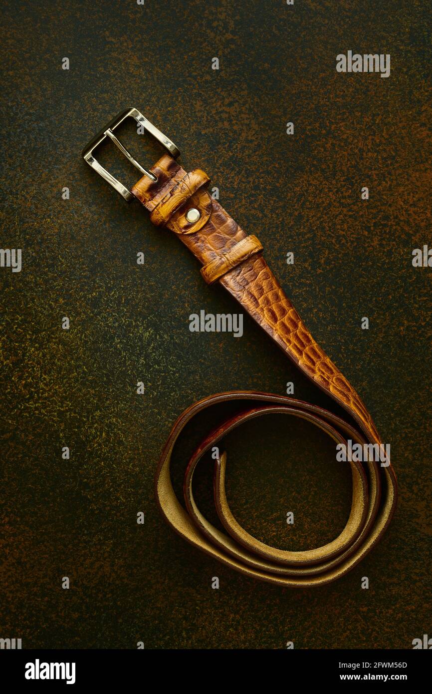 Old worn leather belt with crocodile embossing, dark background, retro ...