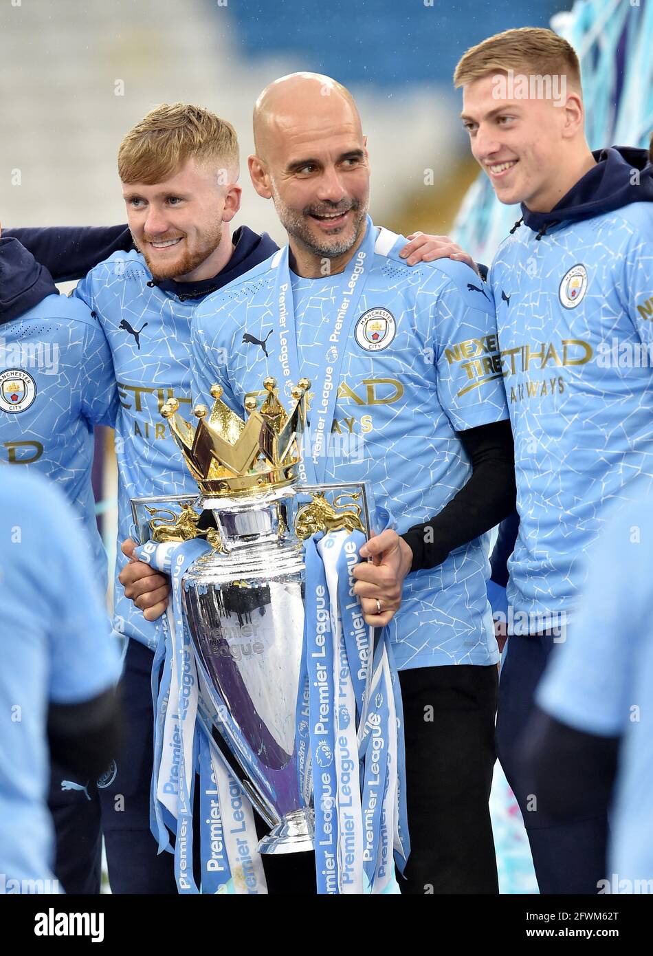 Manchester City manager Pep Guardiola with the trophy after the Premier ...