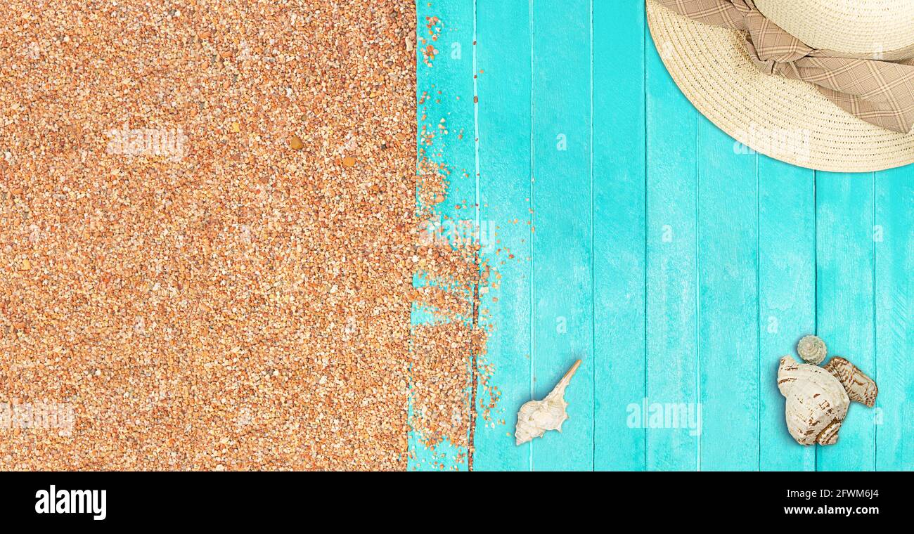 Marine banner. Turquoise wooden planks of the pier with pebble beach ...
