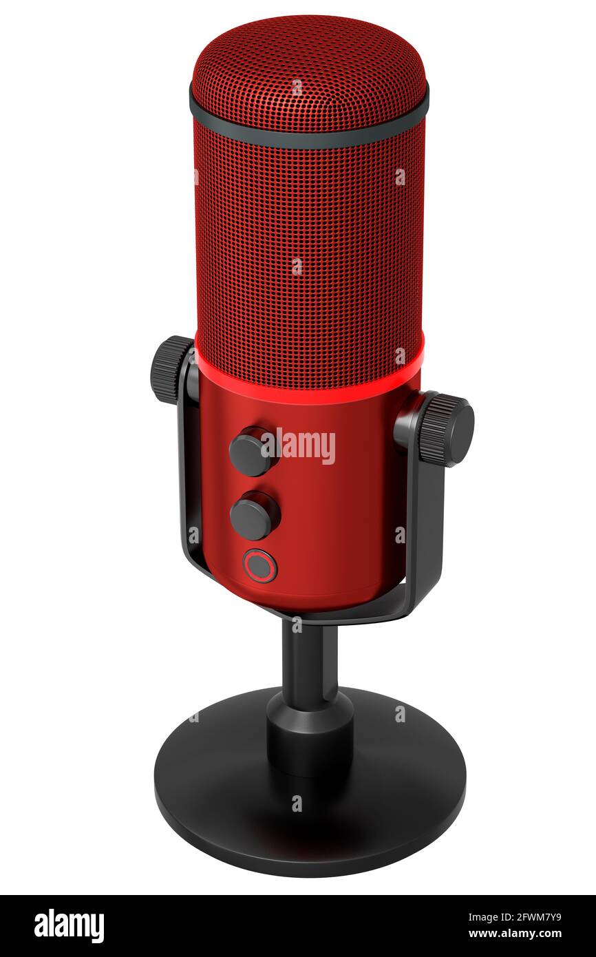 3D rendering of red studio condenser microphone isolated on white ...