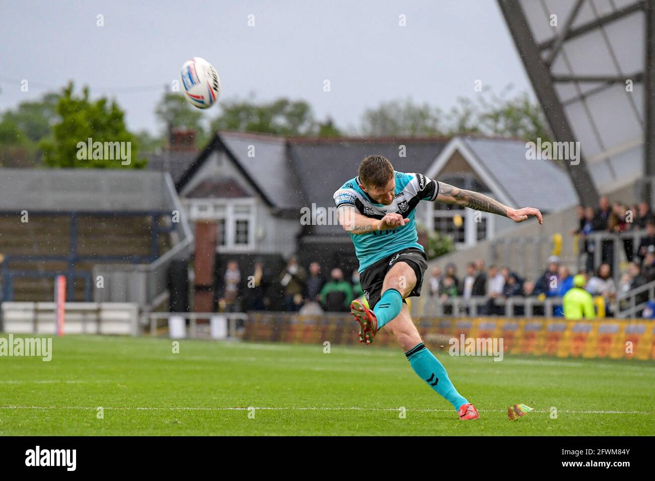 Leeds, UK. 23rd May, 2021. Marc Sneyd (7) of Hull FC successfully kicks ...
