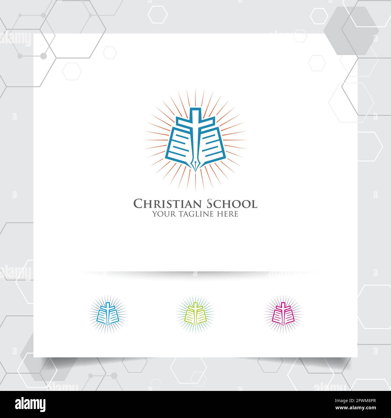 Christian school logo design vector with concept of book, pen and cross ...