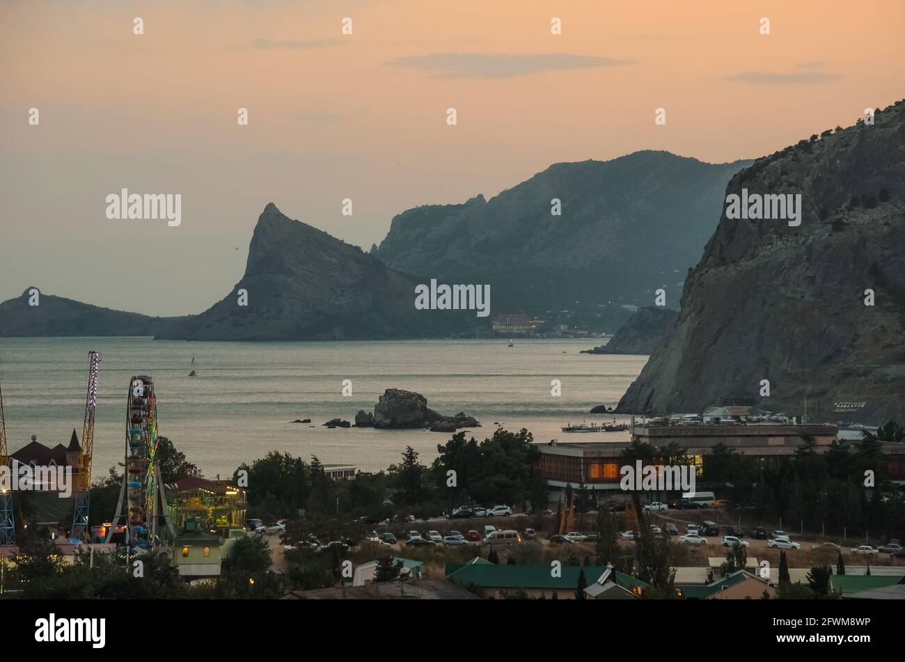 Sudak, Crimea. Embankment of Sudak. Black sea coast with beaches ...
