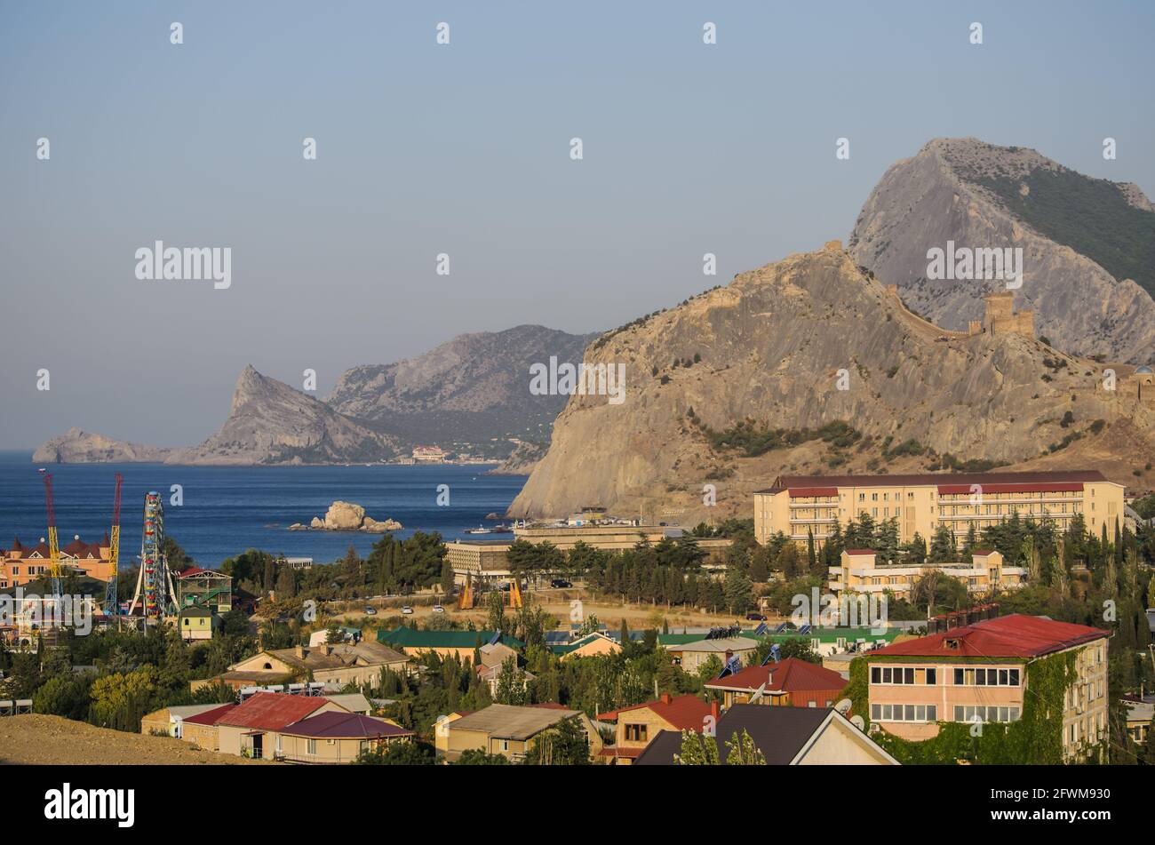 Sudak, Crimea. Embankment of Sudak. Black sea coast with beaches ...