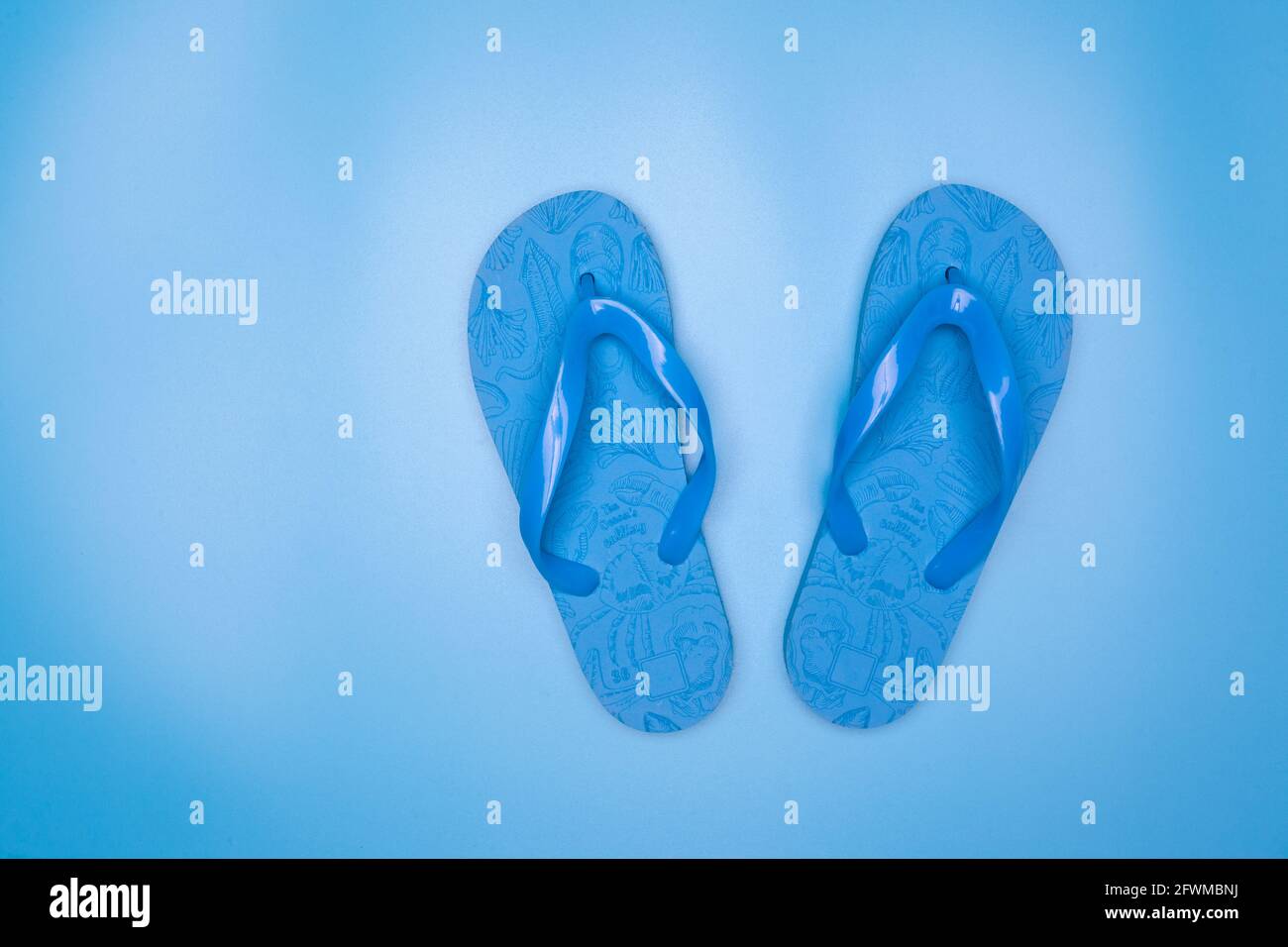 Blue rubber flip-flops isolated over blue background, pair of thongs ...